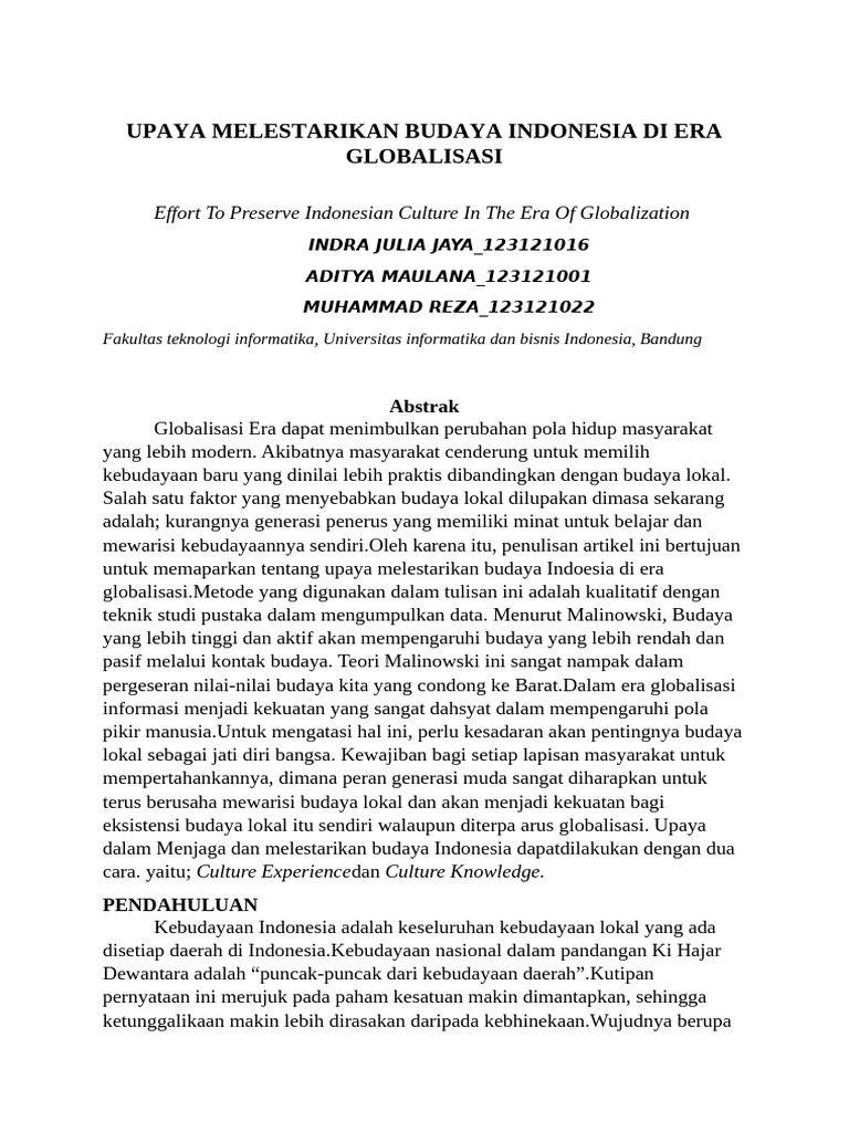 Upaya Melestarikan Budaya Indonesia Di Era Globalisasi | PDF