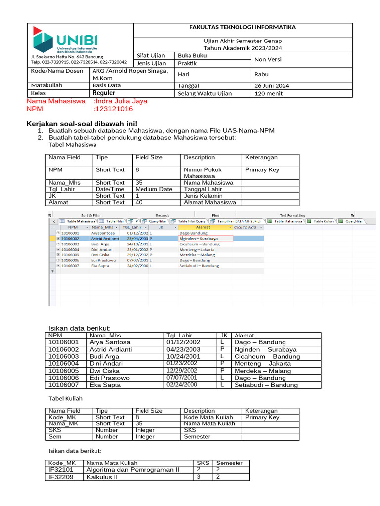 Soal Uas Basis Data Indra Julia Jaya 123121016 - Reguler | PDF