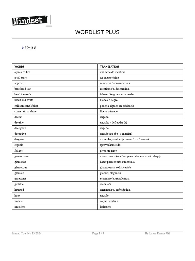 Wordlist Plus: Unit 8 | PDF