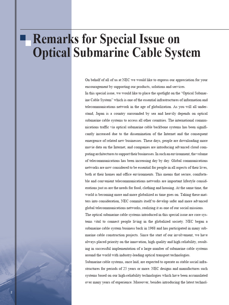 Remarks For Special Issue On Optical Submarine Cable System | PDF ...
