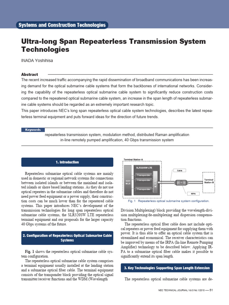 Ultra-Long Span Repeaterless Transmission System Technologies | PDF | Wavelength Division ...