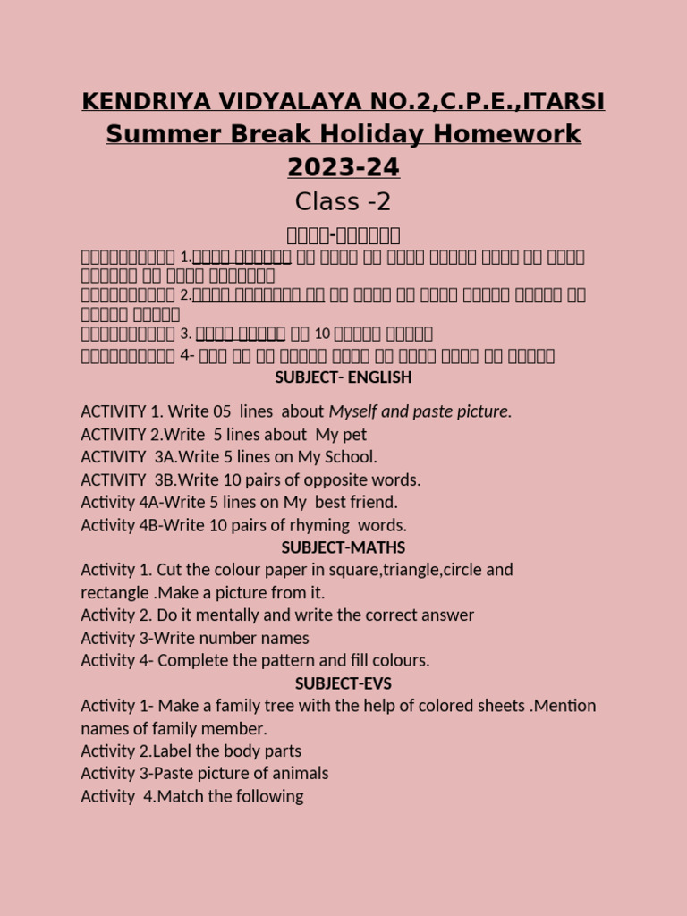 Class 2 Summer Holiday Homework | PDF | Language Arts & Discipline