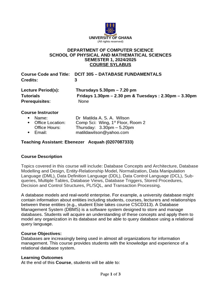 Course Outline DCIT 305 For 2425 | PDF | Sql | Databases