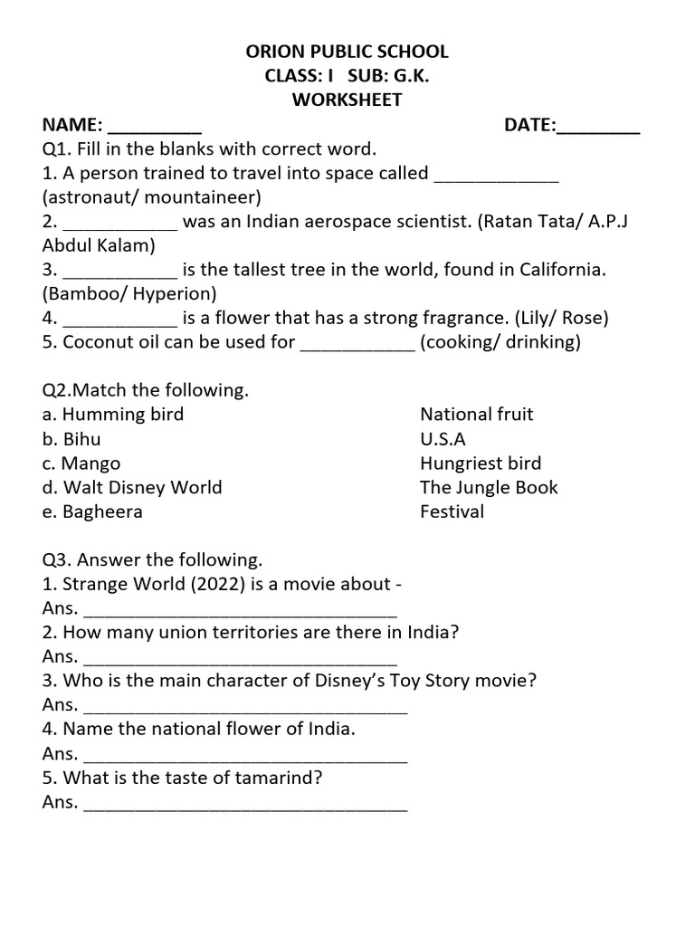 Class I G.K. Worksheet for Kids | PDF