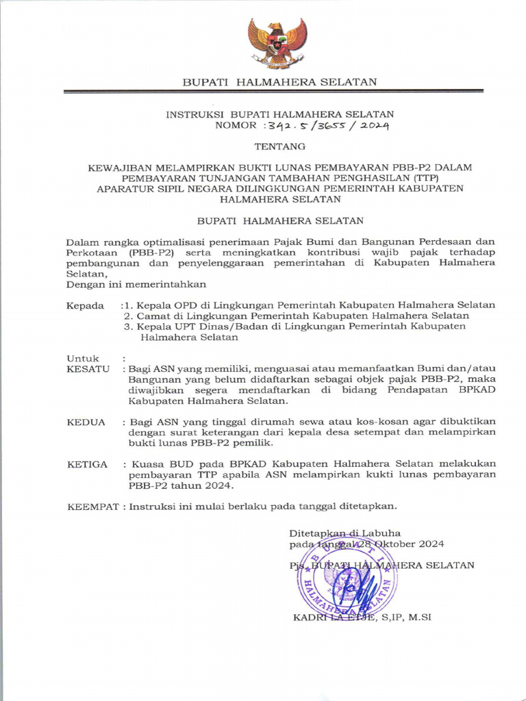 Instruksi Bupati No. 3655 TTG Kewajiban Melampirkan Bukti Lunas PBB P2 DLM Pembayaran TPP | PDF