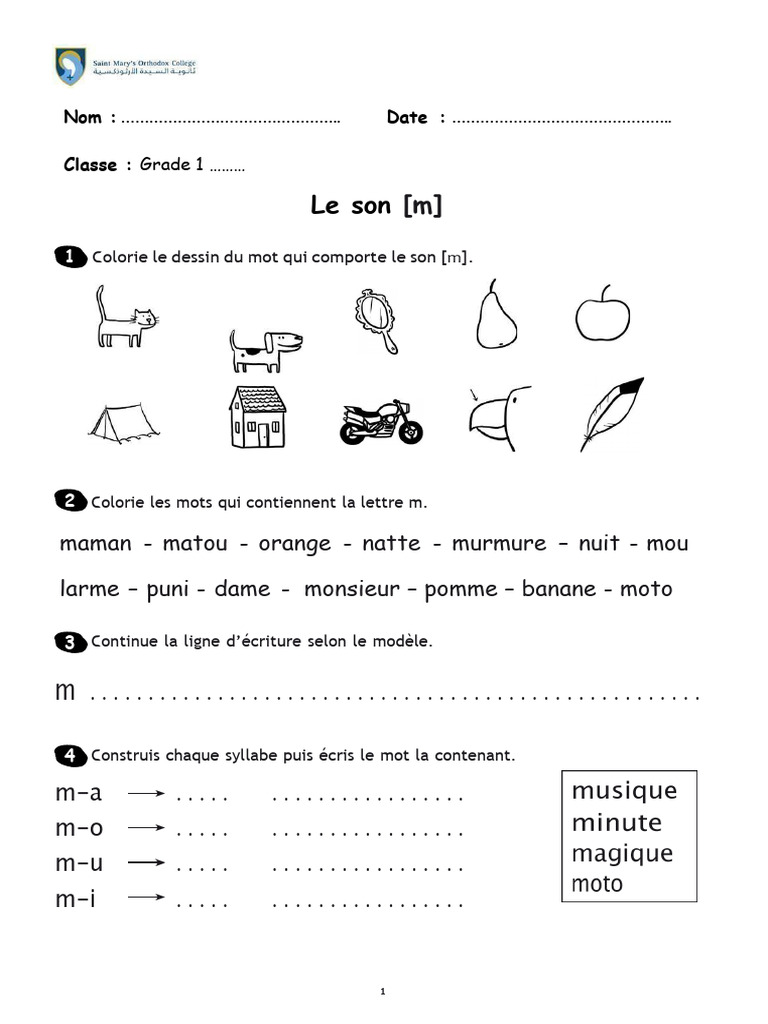 Exercice sur le son et la lettre m | PDF | Arts du langage et ...