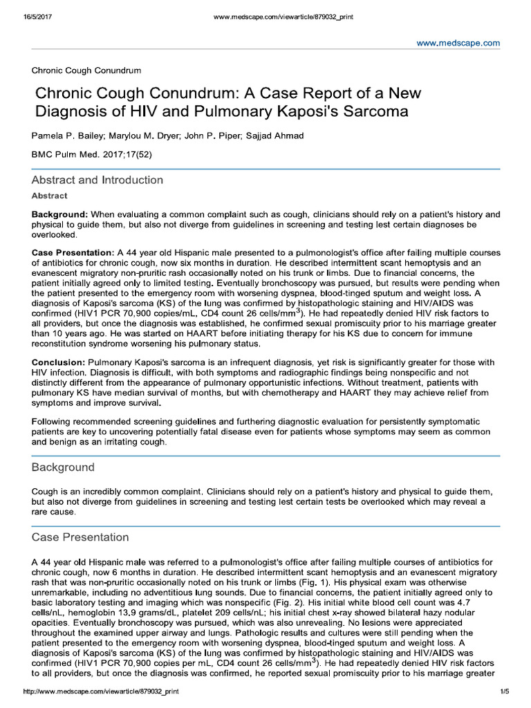 A Case Report of A New Diagnosis of HIV and Pulmonary Kaposi's Sarcoma | PDF