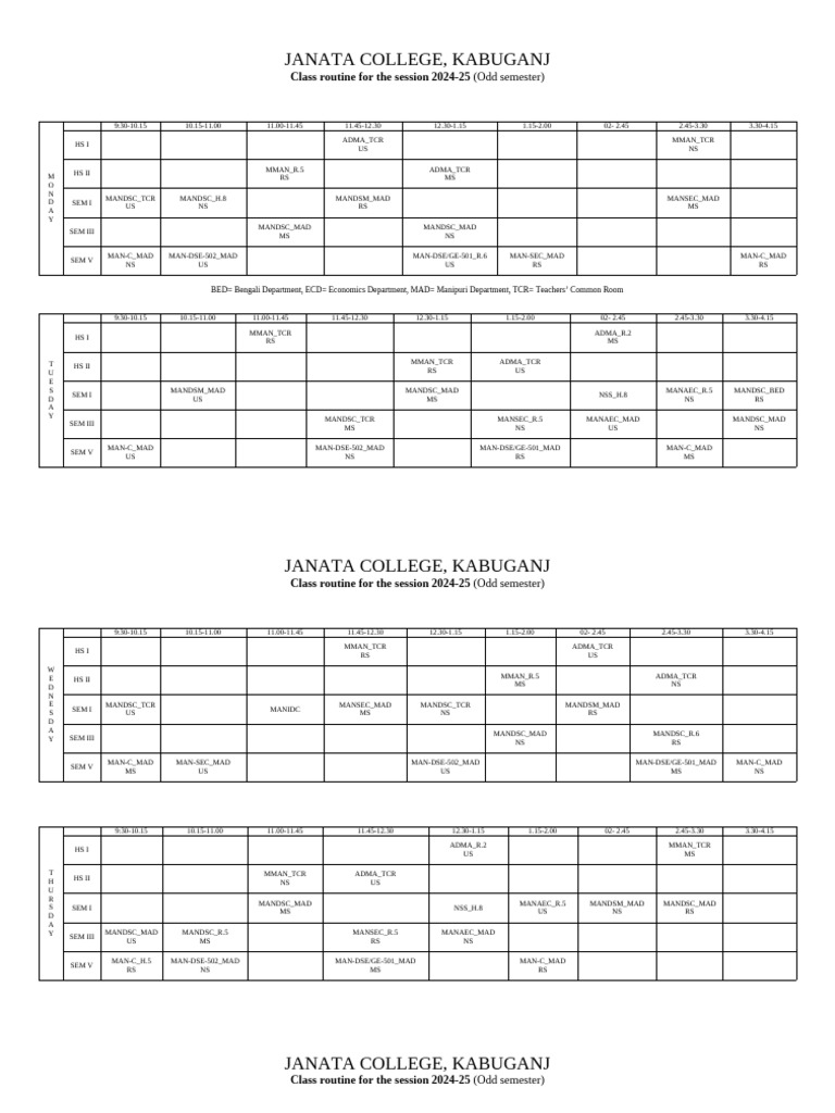 Janata College Class Schedule | PDF