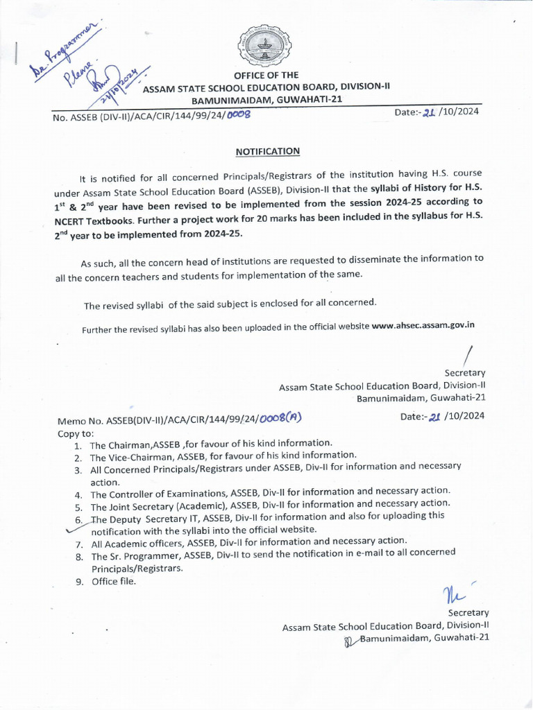 Notification Regarding Revised Syllabi of History Subject For H S 1st Year and 2nd Year From The ...