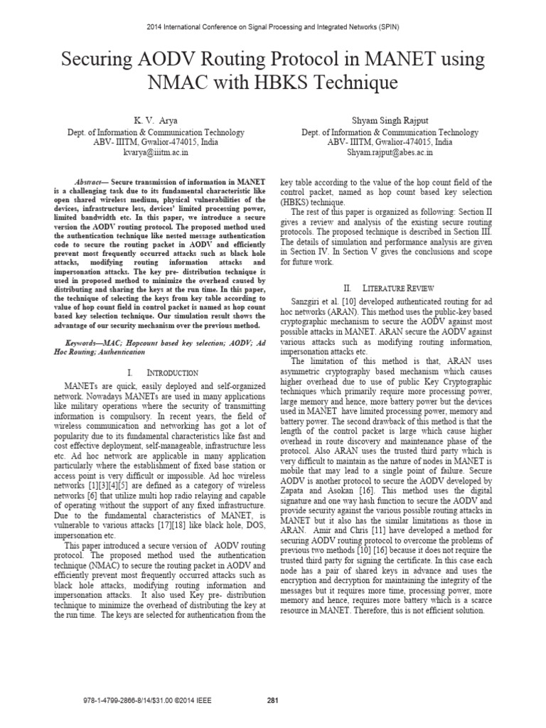 46 2014 Ieee Securing Aodv Routing Protocol In Manet Using Nmac With Hbks Technique Pdf