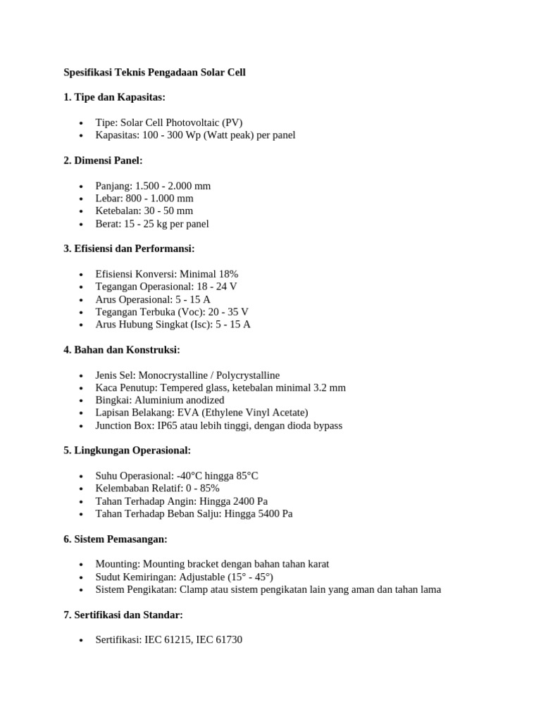 Spesifikasi Pengadaan Solar Cell 100-300 Wp | PDF | Komputer