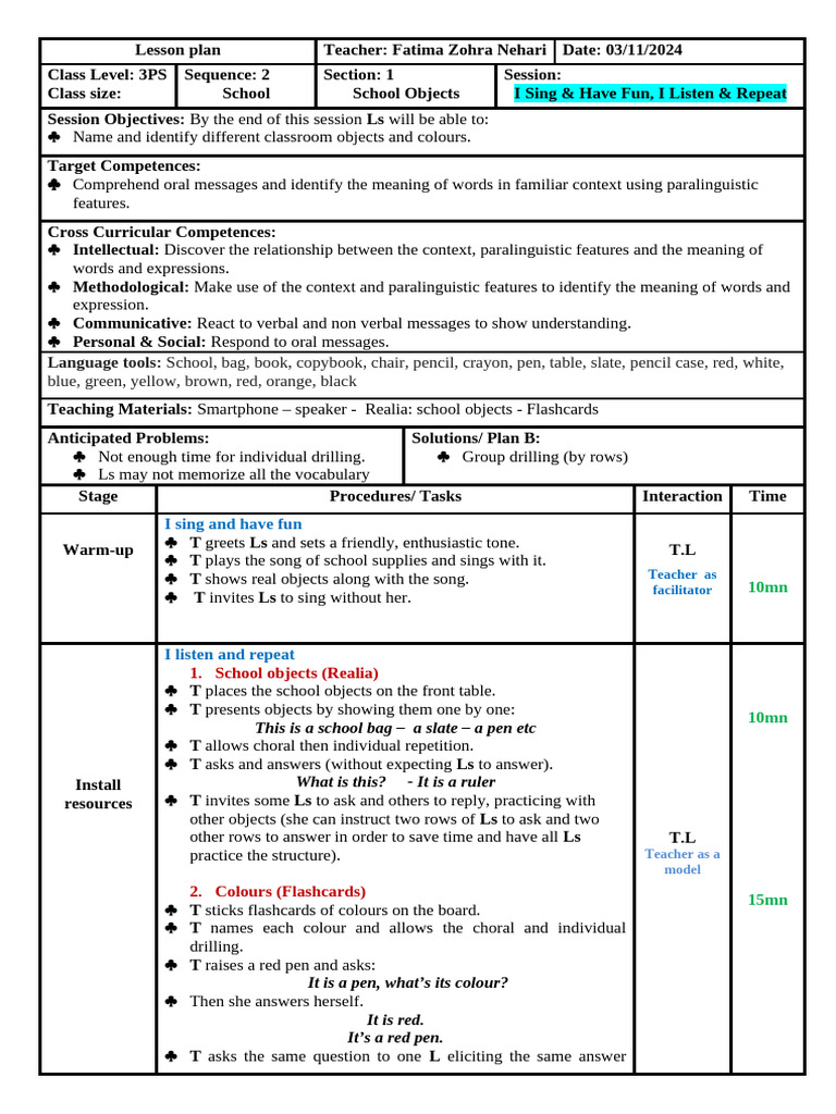 I Sing and Have Fun Lesson Plan - IngliziSaghir | PDF | Cognition ...