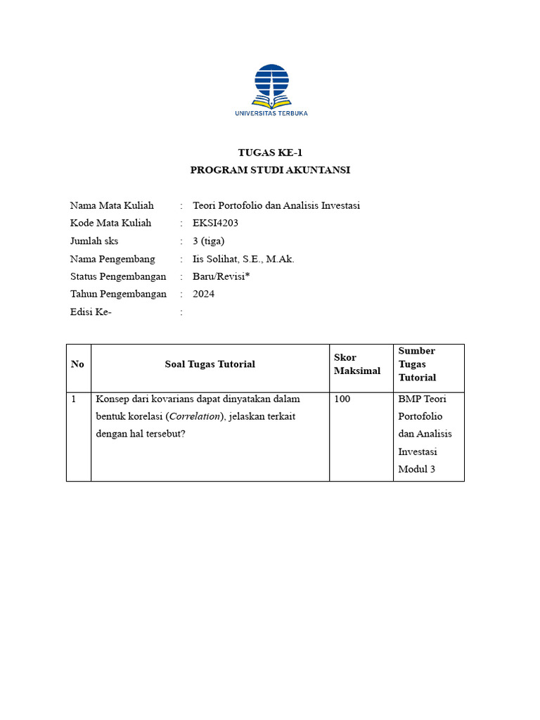 Tugas 1 - Teori Portofolio Dan Analisis Investasi - 051955564 | PDF