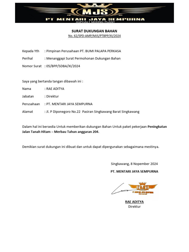 Surat Dukungan Bahan Amp Pt. BPP | PDF | Bisnis