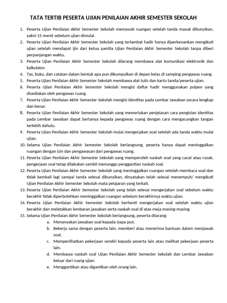 Tata Tertib Peserta Ujian Penilaian Akhir Semester Sekolah | PDF