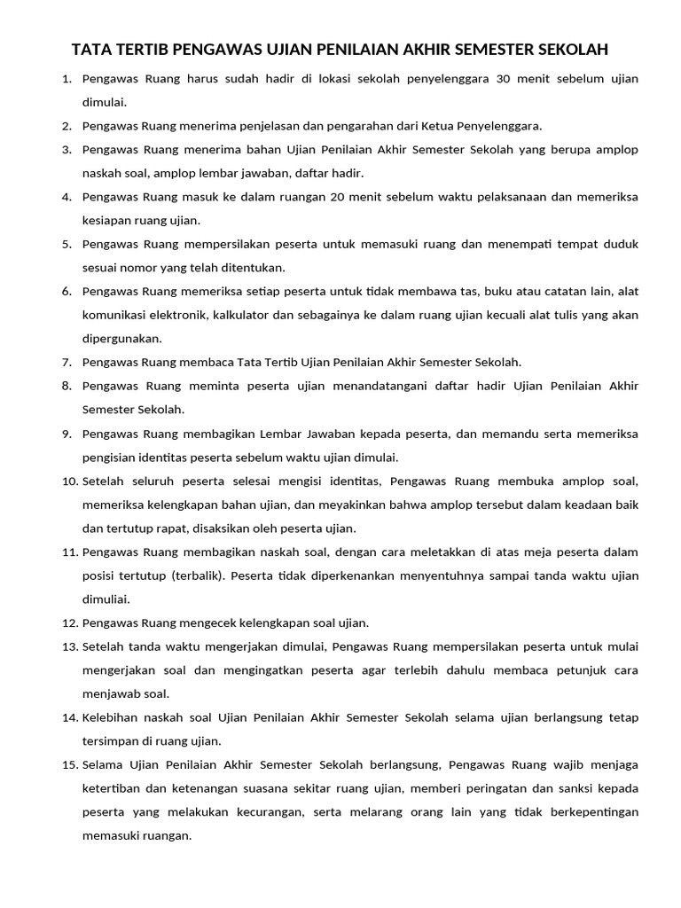 Tata Tertib Pengawas Ujian Penilaian Akhir Semester Sekolah | PDF