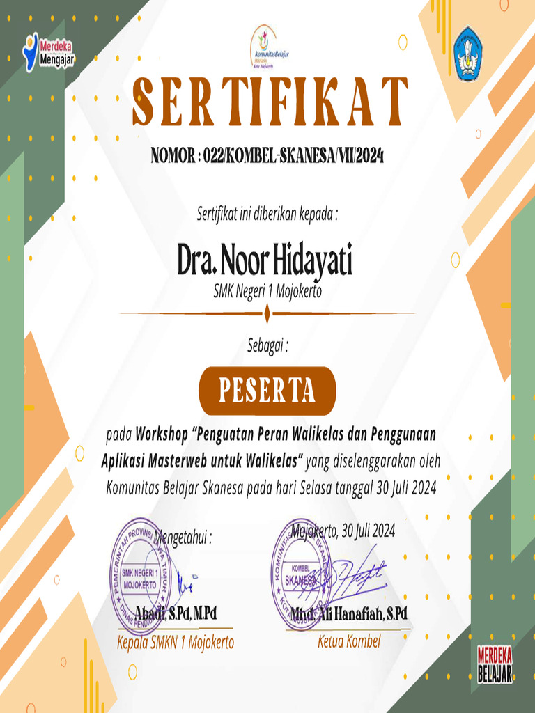 30 Juli 2024 Sertifikat Workshop NOOR HIDAYATII | PDF