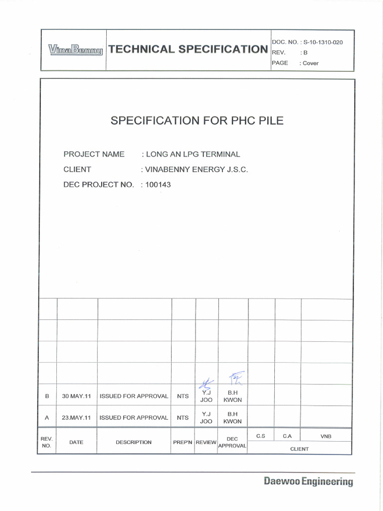 S-10-1310-020 Specification For PHC Pile - Rev.B | PDF | Concrete | Cement
