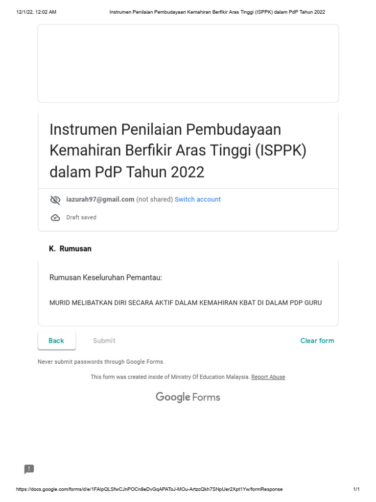 Instrumen Penilaian Pembudayaan Kemahiran Berfikir Aras Tinggi (ISPPK) Dalam PDP Tahun 2022 | PDF