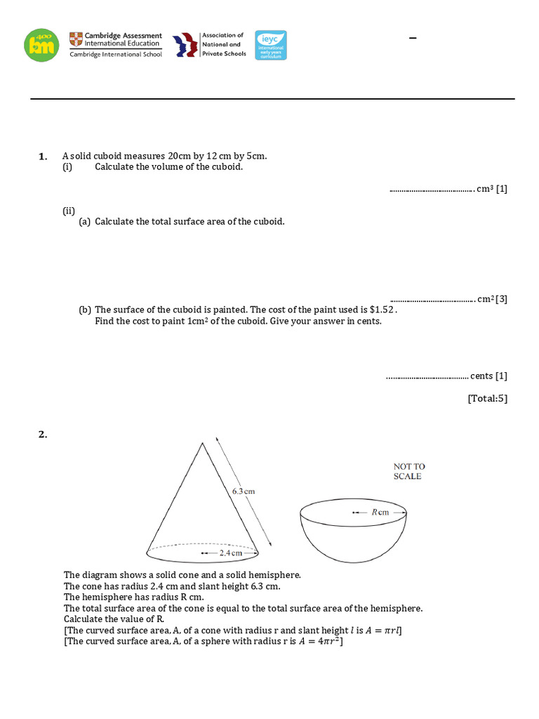 3D Shapes Volume and Surface Area Assessment | PDF | Sphere | Area