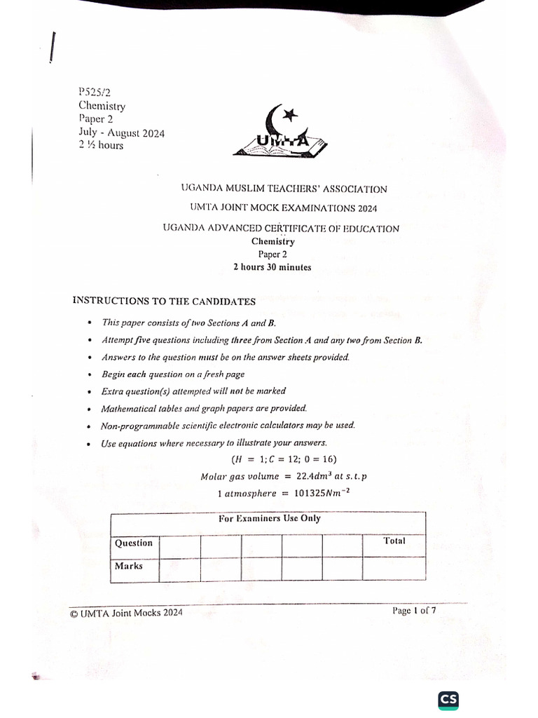 S6 Chem 2 Umta Uace 2024 | PDF