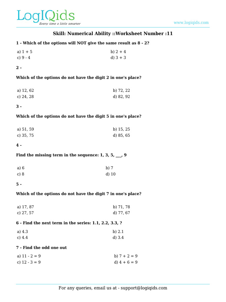 Skill: Numerical Ability::Worksheet Number:11 | PDF