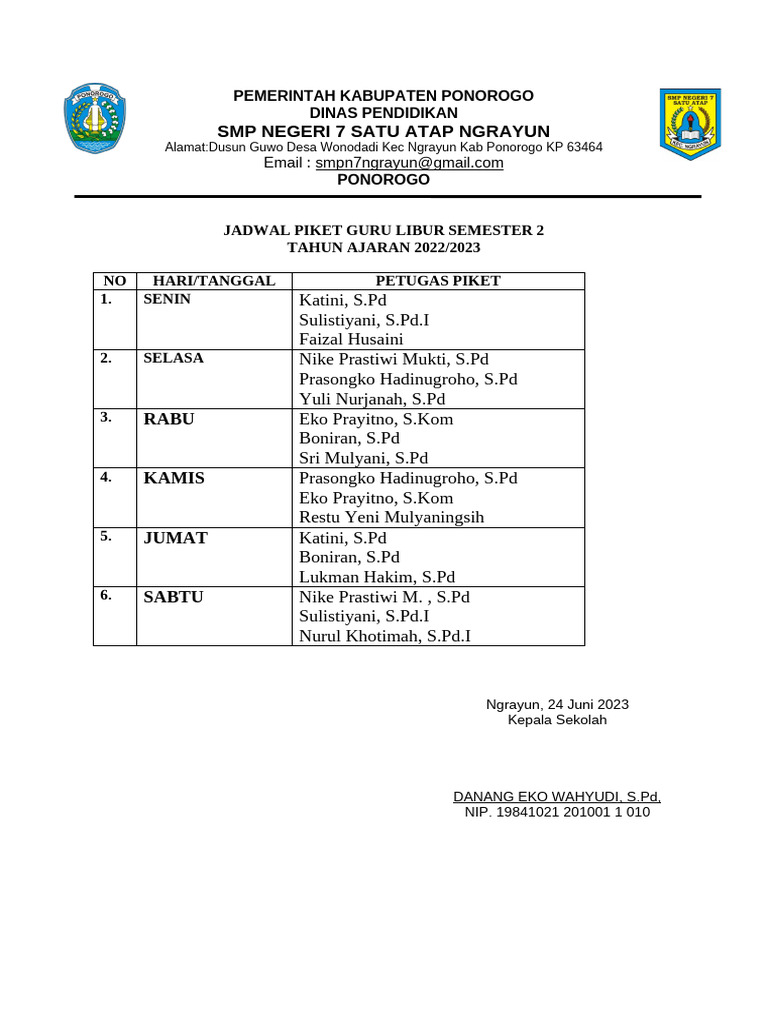 Jadwal Piket Semester Genap 2022-2023 | PDF