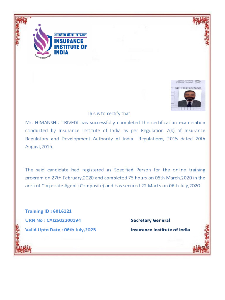 IRDA Exam Certificate | PDF | Finance & Money Management