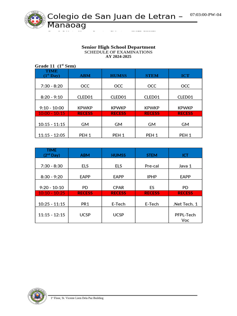 SHS Schedule of Exams1st Sem AY. 2024 2025 | PDF | Dominican Order