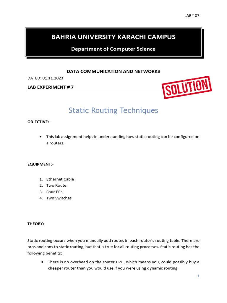 Lab-7-SOLUTION-Static-Routing-IMRAN-bscs-bahria University | PDF ...