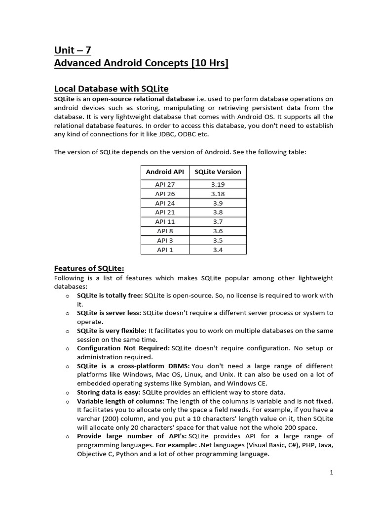 Unit - 7 Advanced Android Concepts | PDF | Sql | Databases