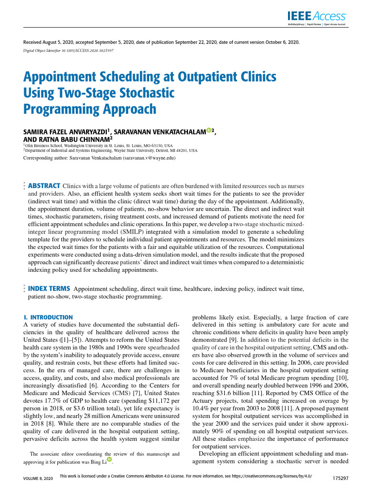Appointment Scheduling at Outpatient Clinics Using Two-Stage Stochastic Programming Approach ...