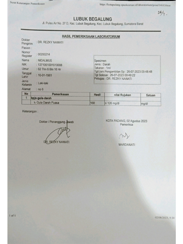 Hasil Pemeriksaan Laboratorium Puskesmas Lubeg | PDF