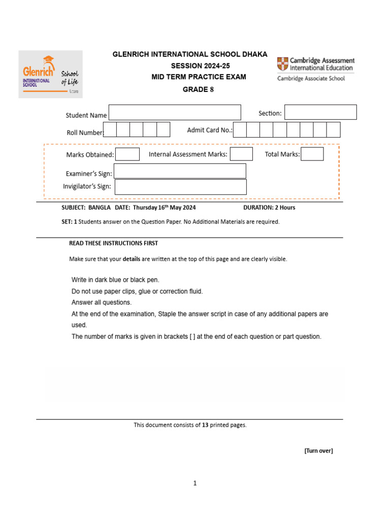 Mark Scheme Answer Script Mid Term Pratice Paper 2 Question Paper Grade ...