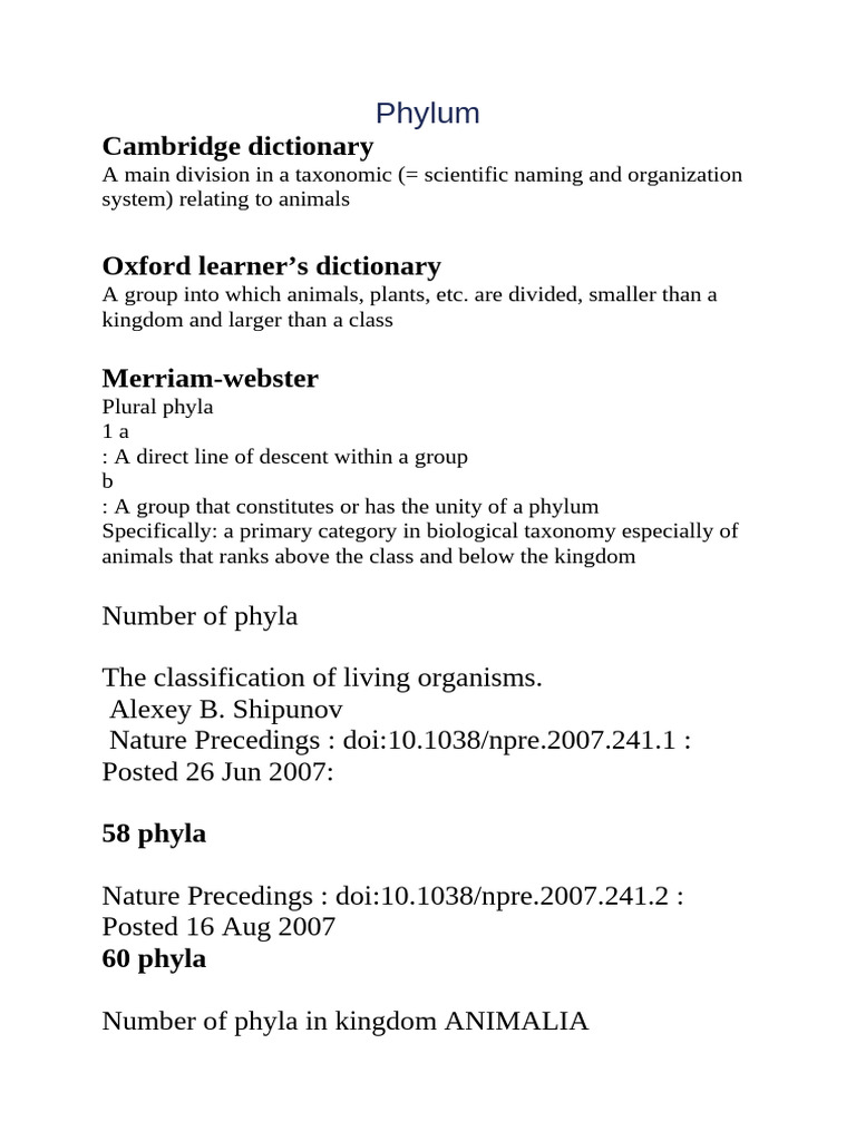 Animal Phyla Classification Guide | PDF | Science & Mathematics