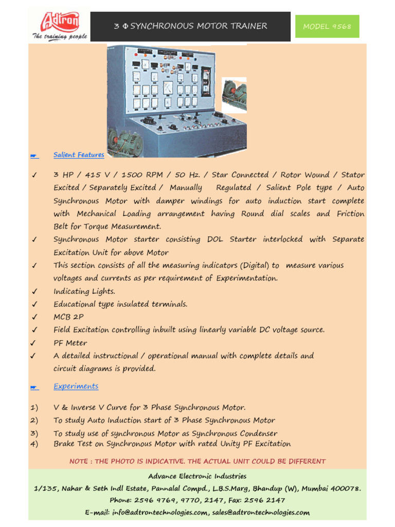 3 Synchronous Motor Trainer: Salient Features | PDF