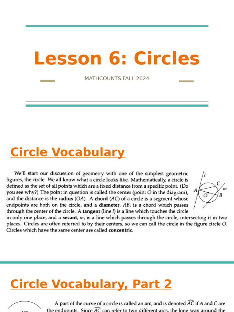 Mathcounts Fall 2024 - Lesson 6 Circles | PDF