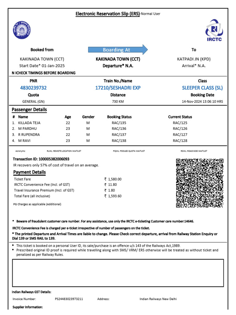 17210/SESHADRI EXP Sleeper Class (SL) | PDF