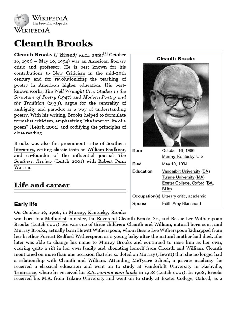 Cleanth Brooks - Wikipedia | PDF | Classics