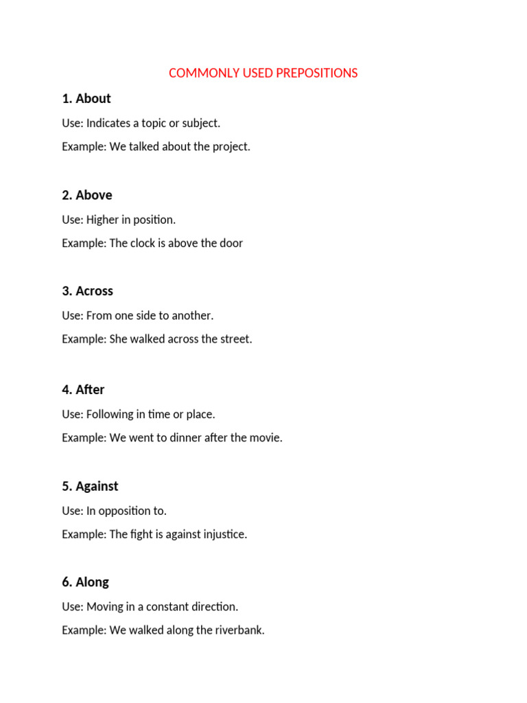 Commonly Used Prepositions | PDF | Lifestyle