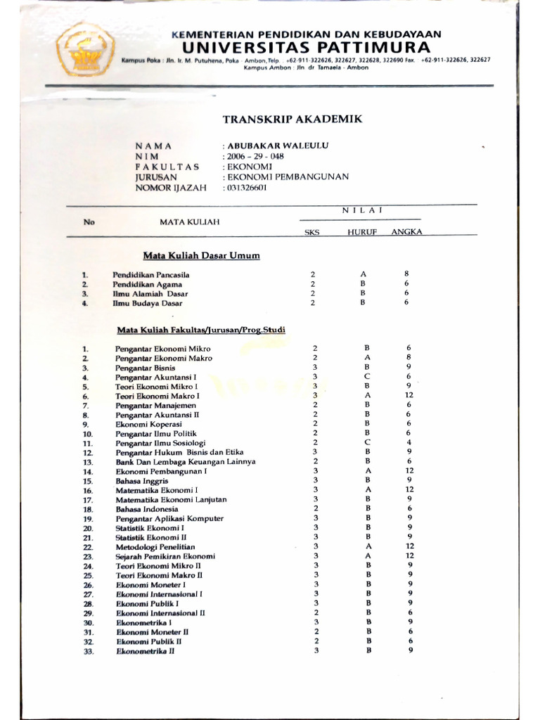 Transkrip Nilai | PDF