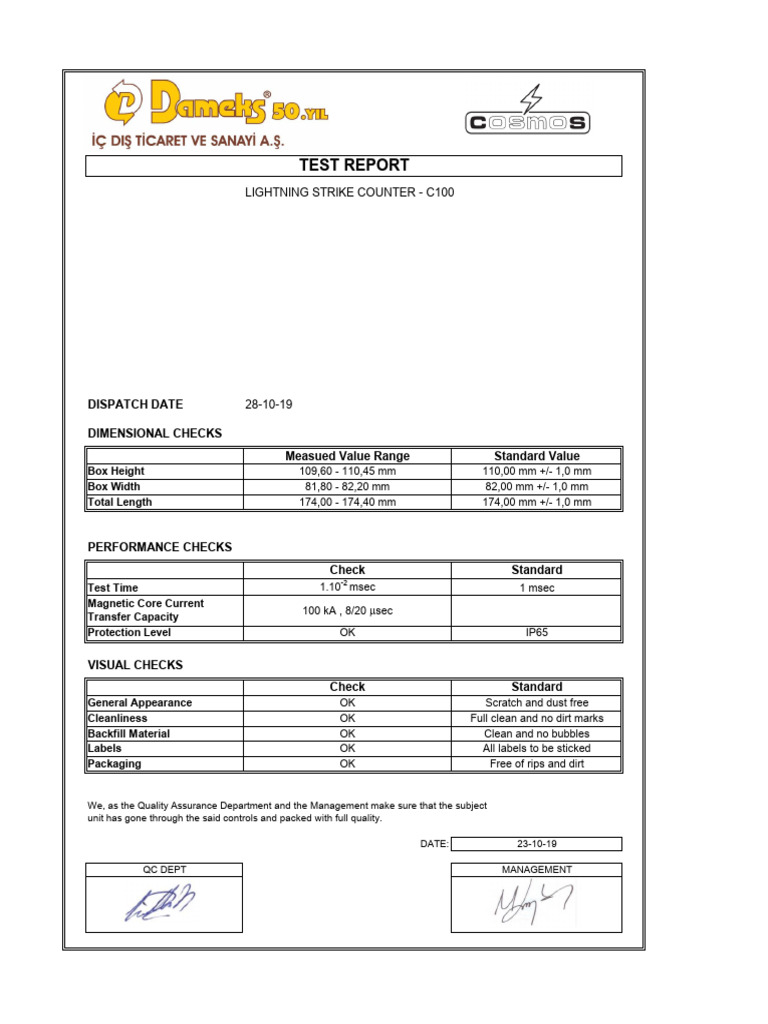 COSMOS Counter QC Test Report - 231019 | PDF