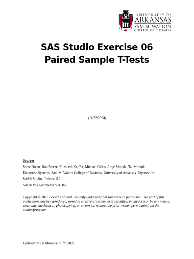 SAS Studio 06 Paired Sample T Tests - Updated - 08 22 | PDF | Student's ...