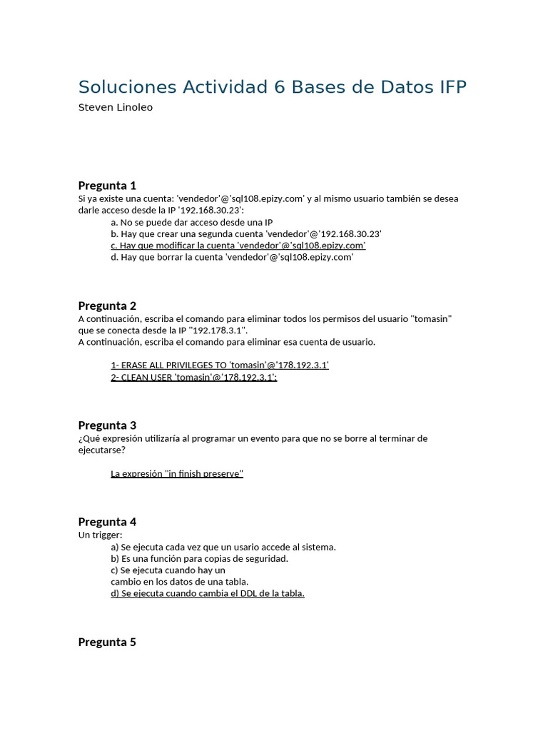 Soluciones Actividad 6 Bases de Datos IFP | PDF | SQL | Informática