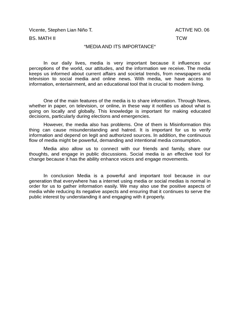 Vicente Stephen Lian Niño T. Activity 06 in TCW | PDF | Social Science ...