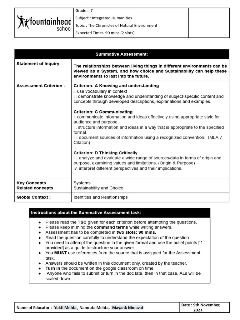SA - G7 - IH - Unit 2 - 2023-2024 | PDF | Educational Assessment | Natural Environment