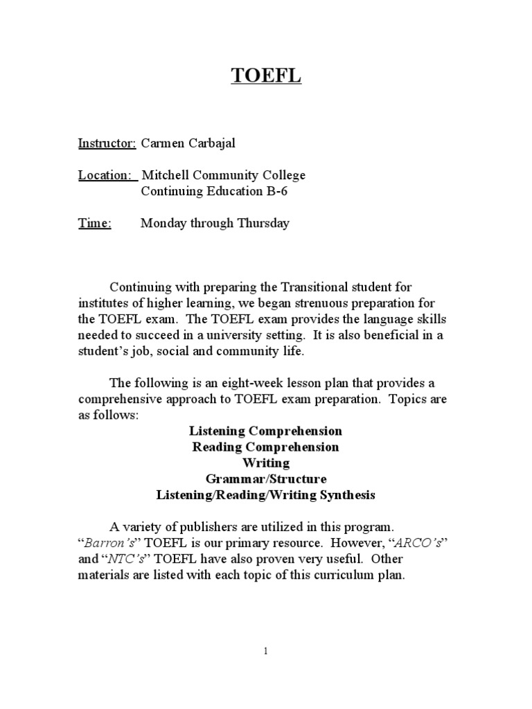 TOEFL. Lesson Plan | PDF