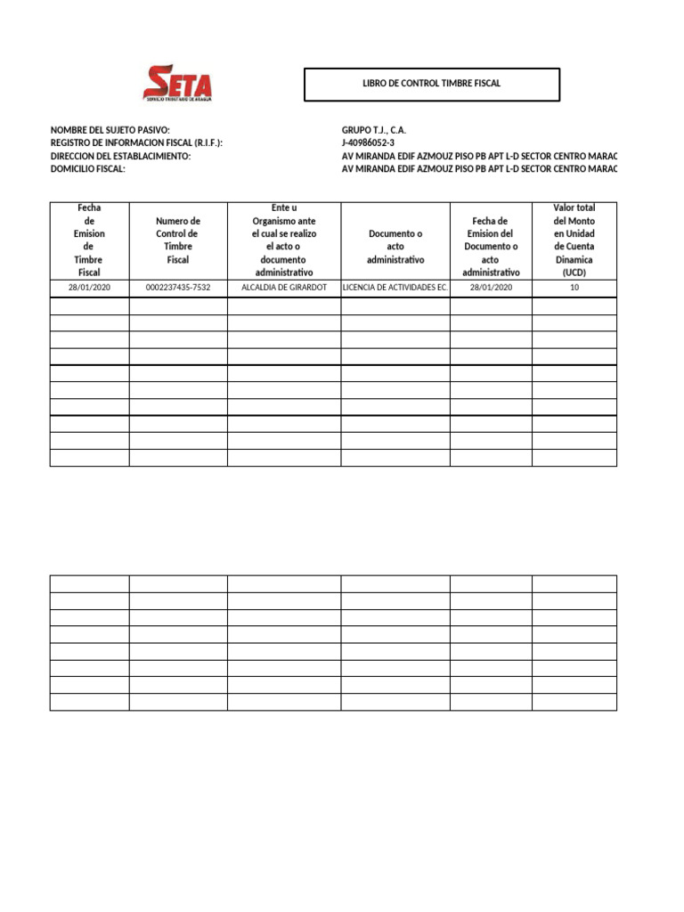 Libro de Control de Timbre Fiscal SETA 2024 | PDF