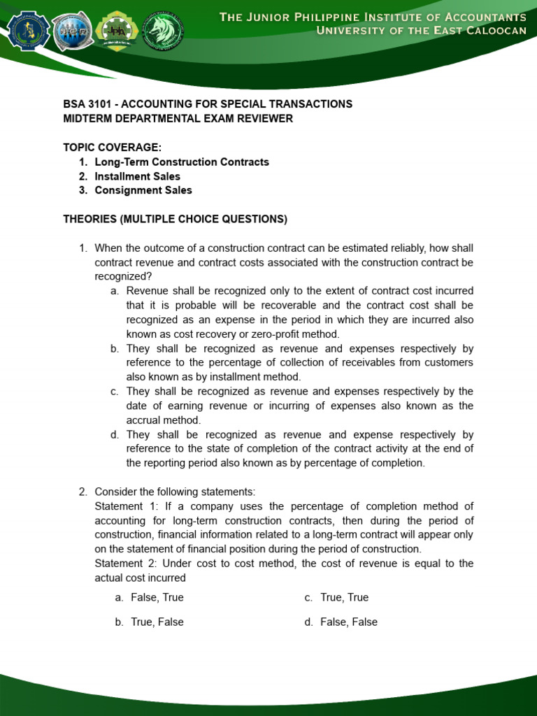 Bsa 3101 - Accounting For Special Transactions (Midterm) | PDF ...