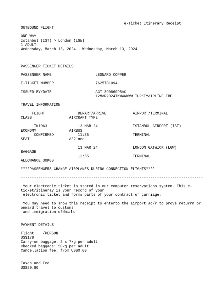 Istanbul to London Flight Details | PDF | Computers | Technology ...